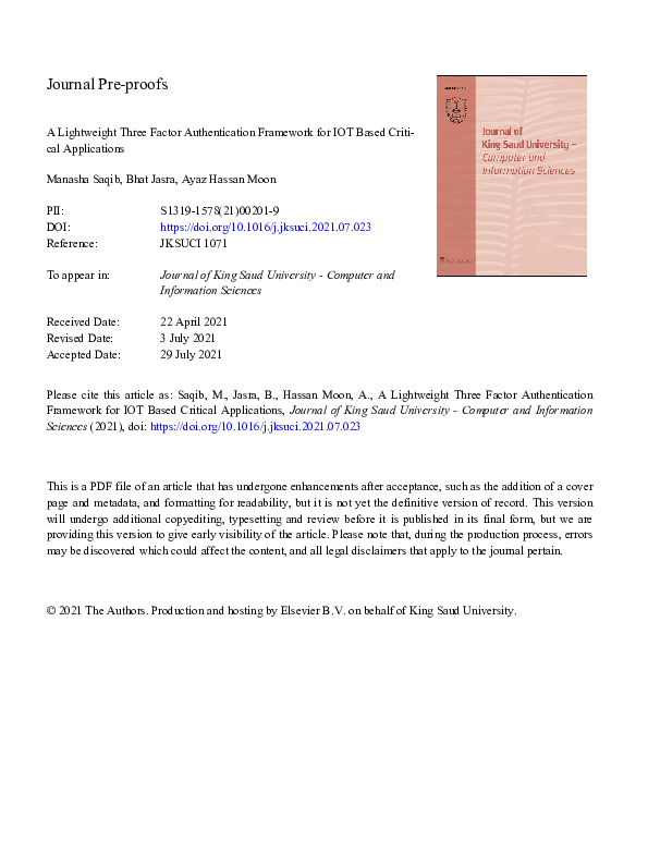Pdf A Lightweight Three Factor Authentication Framework For Iot Based