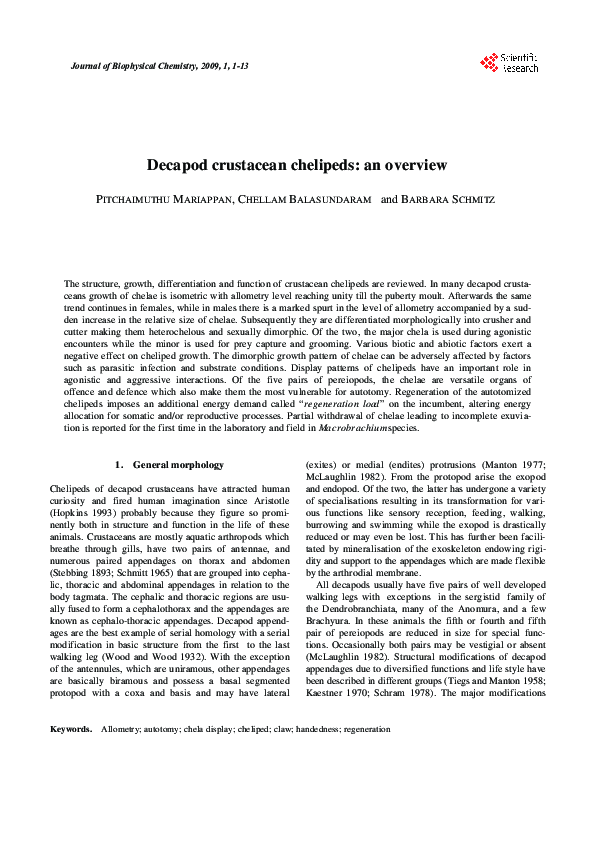 (PDF) Decapod crustacean chelipeds: an overview