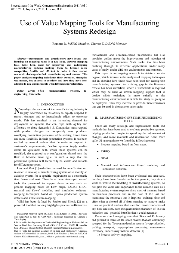 (PDF) Use of Value Mapping Tools for Manufacturing Systems Redesign