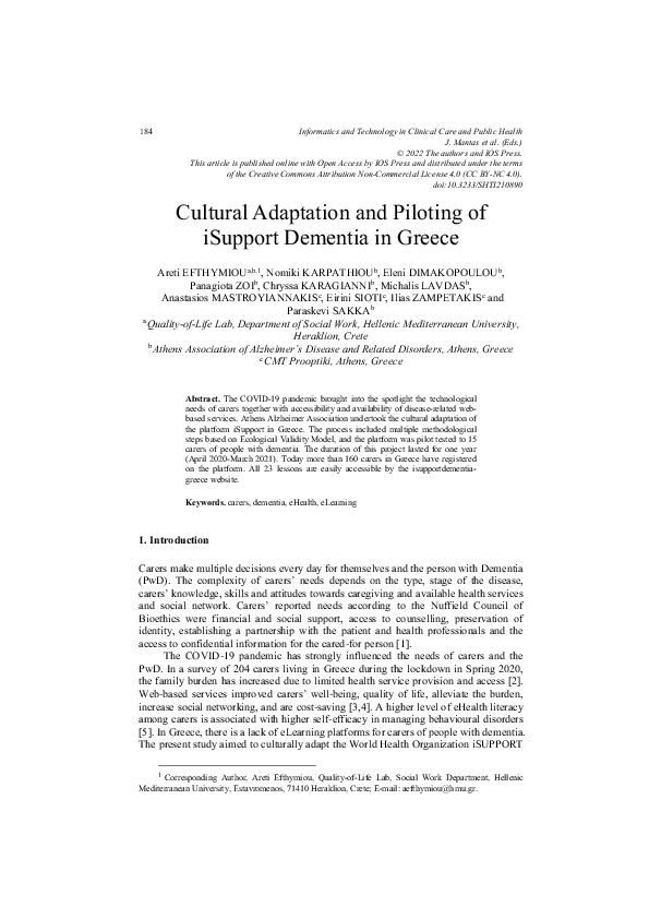 (PDF) Cultural Adaptation and Piloting of iSupport Dementia in Greece