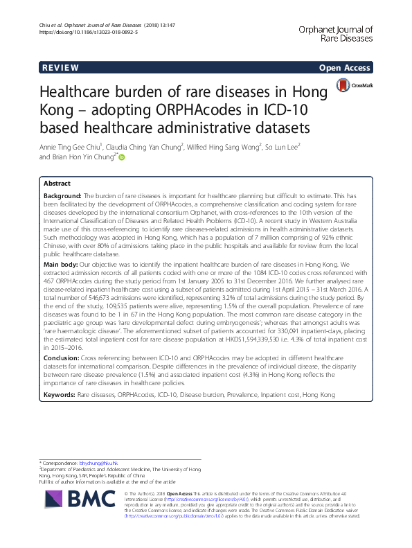 (PDF) Healthcare burden of rare diseases in Hong Kong - adopting ORPHAcodes in ICD-10 based ...