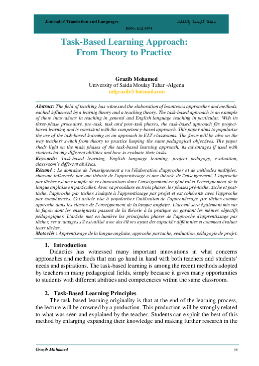 (PDF) Task-Based Learning Approach: From Theory to Practice