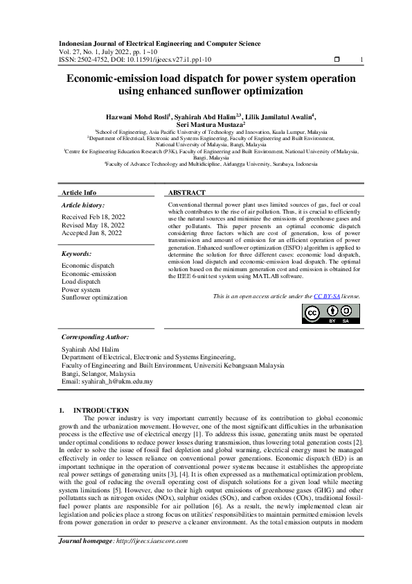 (PDF) Economic-emission load dispatch for power system operation using ... (PDF) Economic-emission load dispatch for power system operation using ...