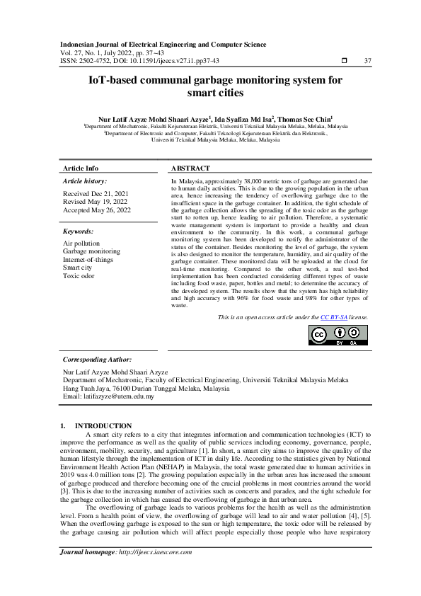 (PDF) IoT-based communal garbage monitoring system for smart cities