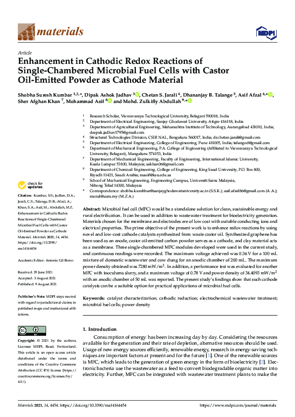 (PDF) Enhancement in Cathodic Redox Reactions of Single-Chambered Microbial Fuel Cells with ...
