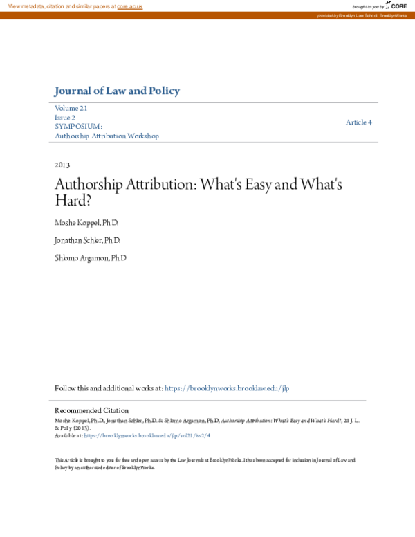 (PDF) Authorship Attribution: What\u27s Easy and What\u27s Hard?