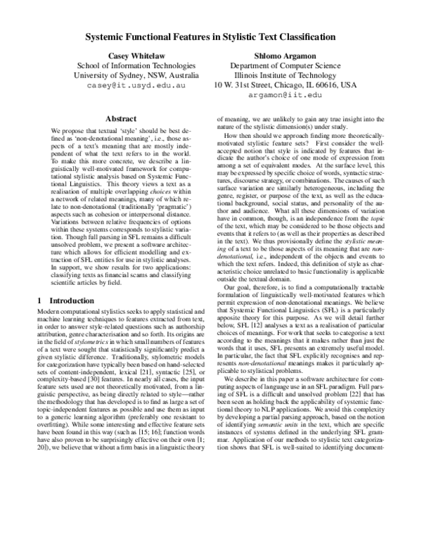 (PDF) Systemic functional features in stylistic text classification