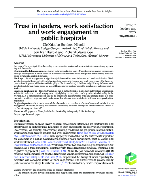 (PDF) Trust in leaders, work satisfaction and work engagement in public ...