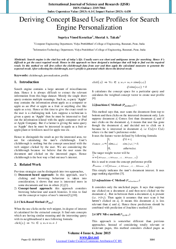 (PDF) Deriving Concept Based User Profiles for Search Engine Personalization