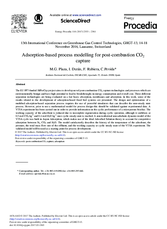 (PDF) Adsorption-based Process Modelling for Post-combustion CO2 Capture