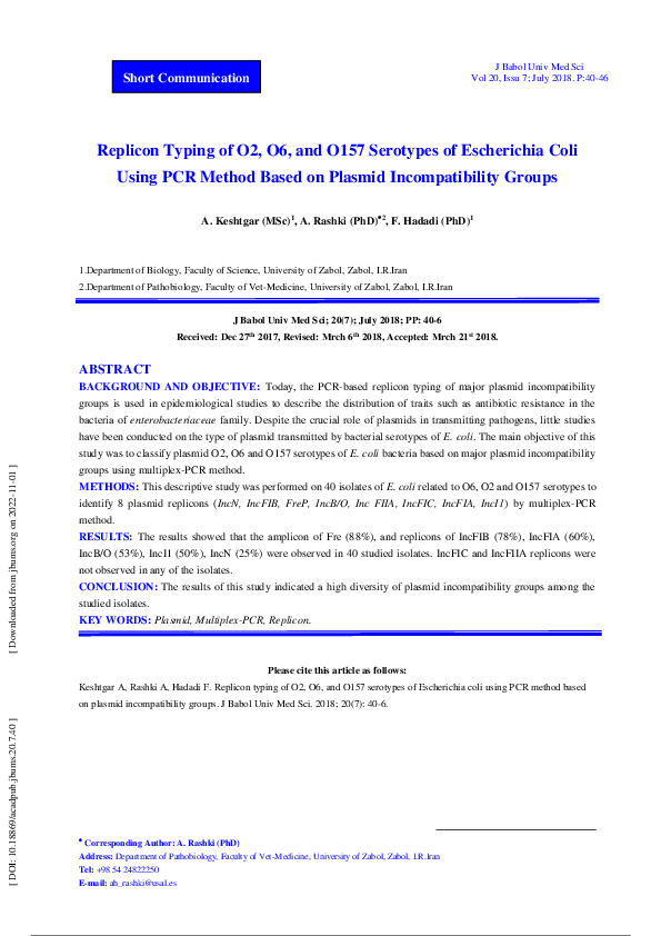 Pdf Replicon Typing Of O2 O6 And O157 Serotypes Of Escherichia Coli Using Pcr Method Based