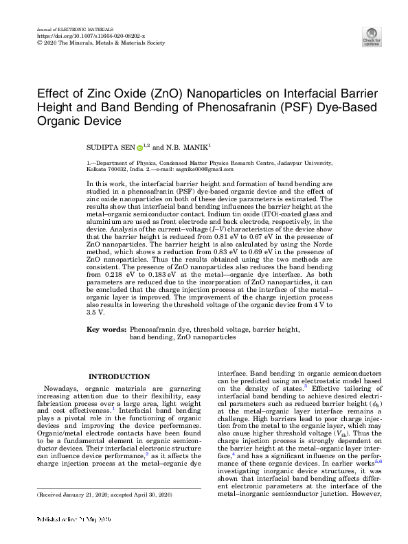 (PDF) Effect of Zinc Oxide (ZnO) Nanoparticles on Interfacial Barrier Height and Band Bending of ...