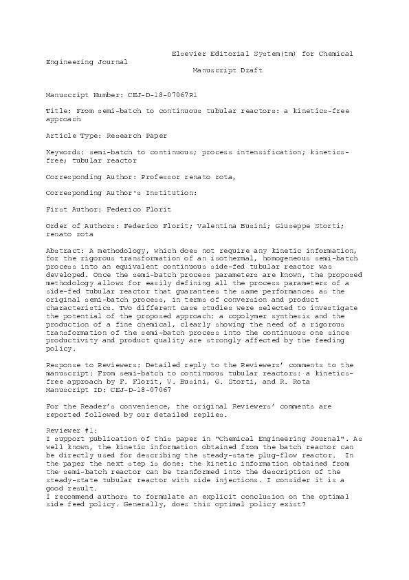 Pdf From Semi Batch To Continuous Tubular Reactors A Kinetics Free Approach