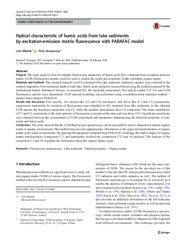 (PDF) Optical characteristic of humic acids from lake sediments by ...