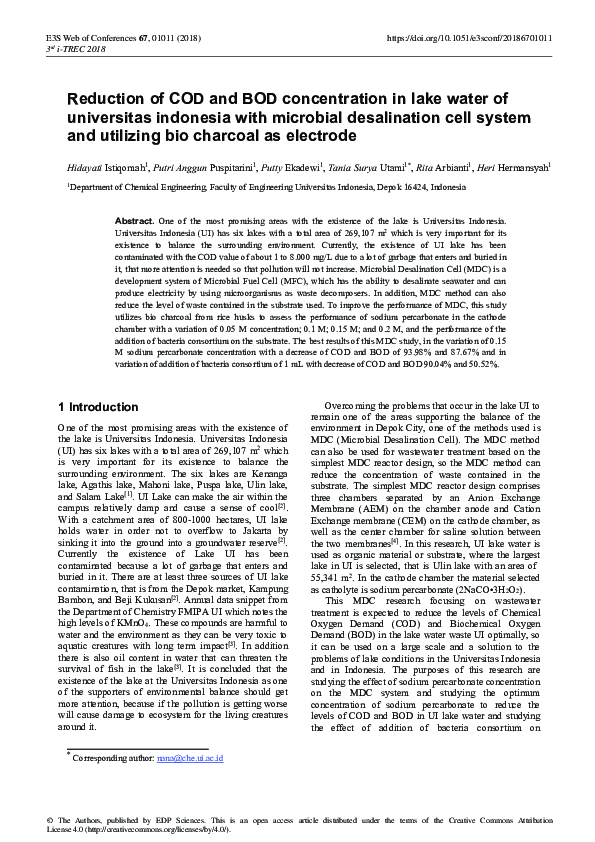 (PDF) Reduction of COD and BOD concentration in lake water of universitas indonesia with ...