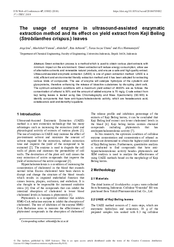 Pdf The Usage Of Enzyme In Ultrasound Assisted Enzymatic Extraction Method And Its Effect On