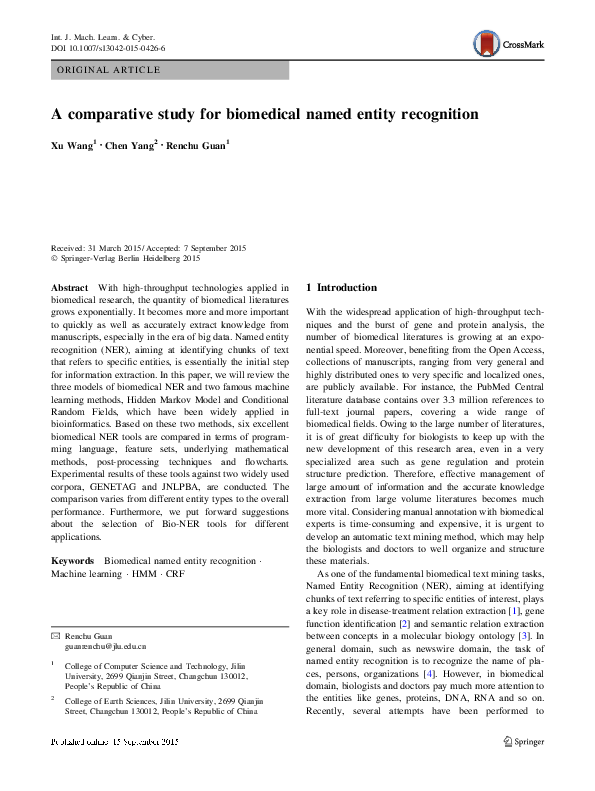 (PDF) A comparative study for biomedical named entity recognition