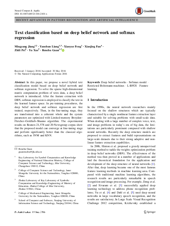(PDF) Text classification based on deep belief network and softmax regression
