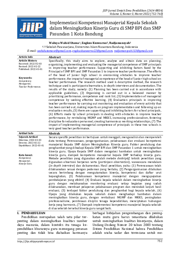(PDF) Implementasi Kompetensi Manajerial Kepala Sekolah dalam Meningkatkan Kinerja Guru di SMP ...