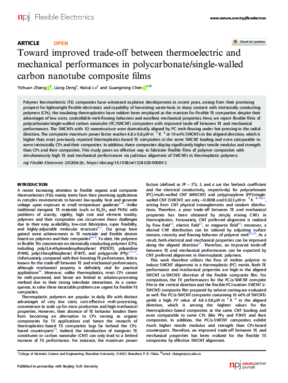 (PDF) Enhanced Thermoelectric Properties in PC/SWCNT Films