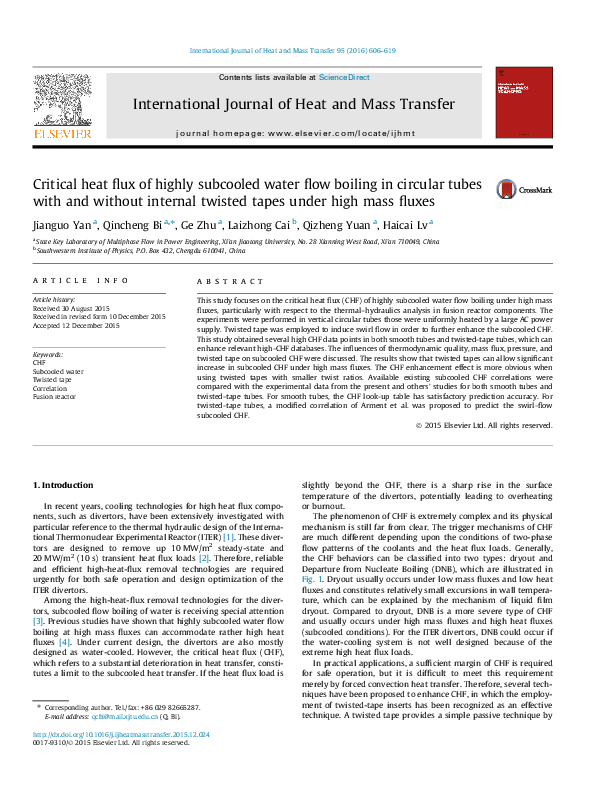 (PDF) Critical heat flux of highly subcooled water flow boiling in circular tubes with and ...