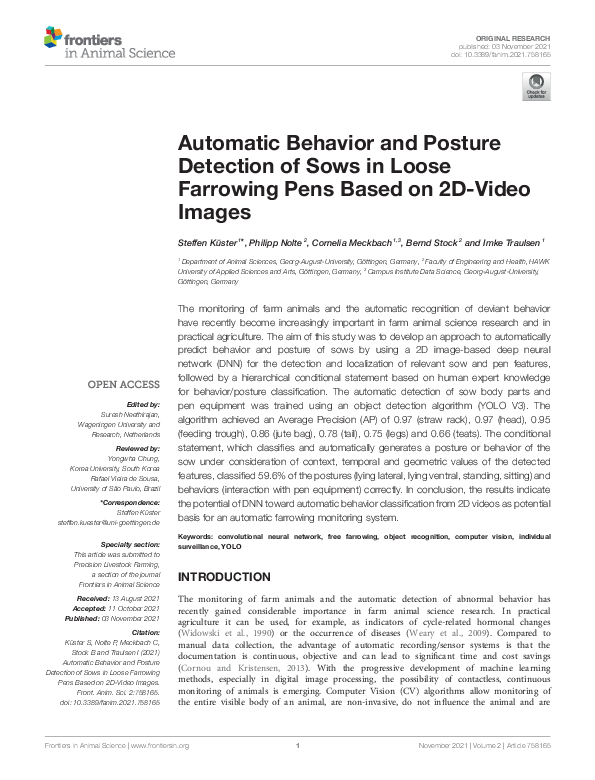 (PDF) Automatic Behavior and Posture Detection of Sows in Loose ...