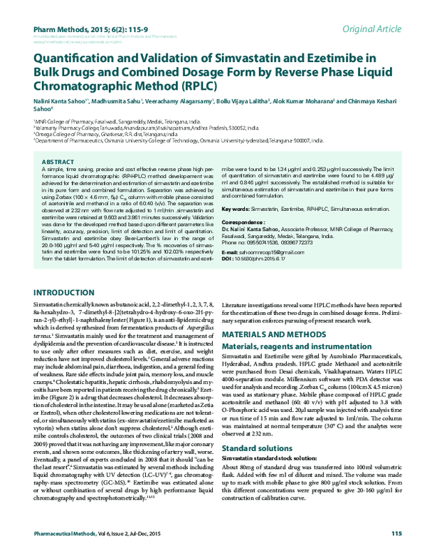 (PDF) Quantification and Validation of Simvastatin and Ezetimibe in Bulk Drugs and Combined ...