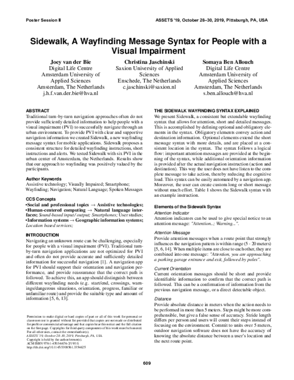 (PDF) Sidewalk, A Wayfinding Message Syntax for People with a Visual Impairment