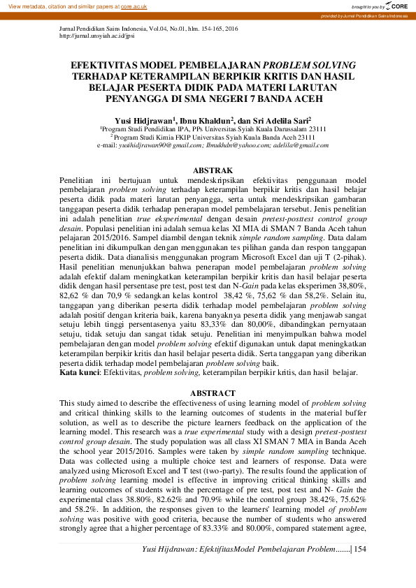 (PDF) Efektivitas Model Pembelajaran Problem Solving Terhadap Keterampilan Berpikir Kritis Dan ...