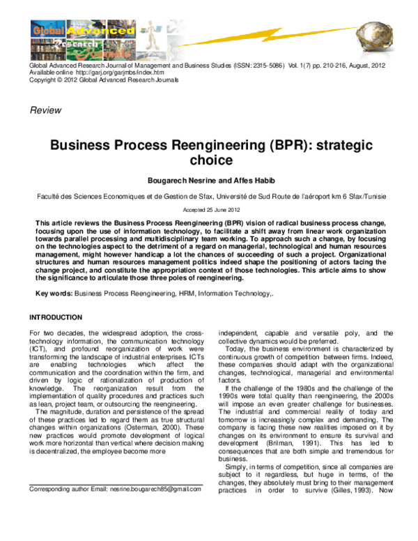 (PDF) Business Process Reengineering (BPR): A Strategic Choice
