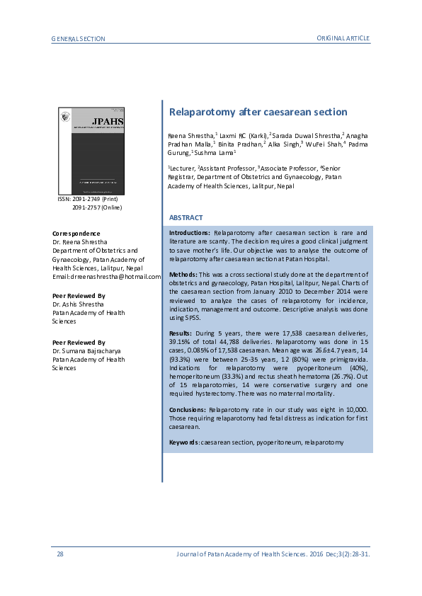 (PDF) Relaparotomy after caesarean section