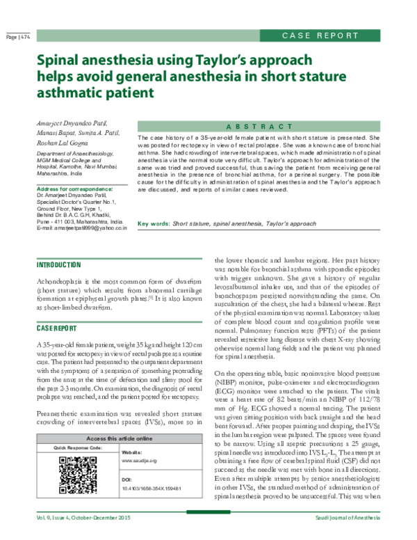 (PDF) Spinal anesthesia using Taylor′s approach helps avoid general ...