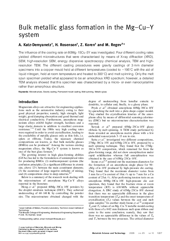 (PDF) Bulk metallic glass formation in the Mg–Cu–Y system