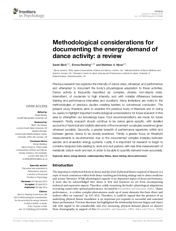 (PDF) Methodological considerations for documenting the energy demand of dance activity: a review