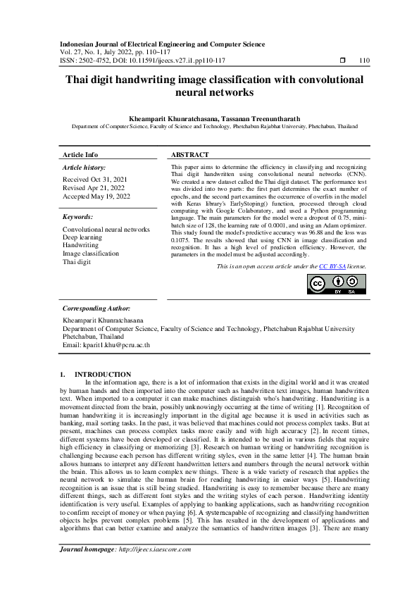 (PDF) Thai digit handwriting image classification with convolutional neural networks