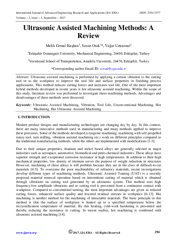 (PDF) Ultrasonic Assisted Machining Methods: A Review