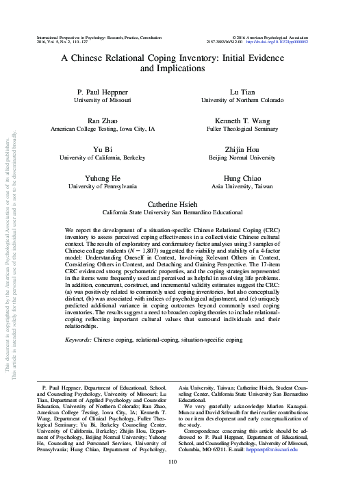 (PDF) A Chinese Relational Coping Inventory: Initial Evidence and ...