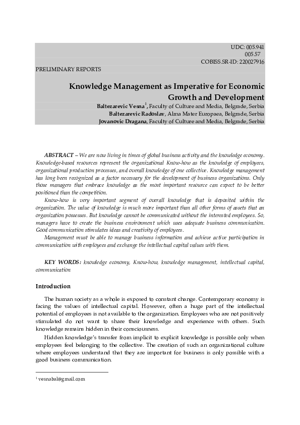 (PDF) Knowledge Management as Imperative for Economic Growth and ...