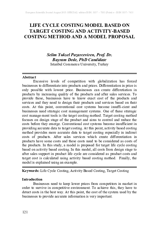 (PDF) Life Cycle Costing Model Based on Target Costing and Activity-Based Costing Method and a ...