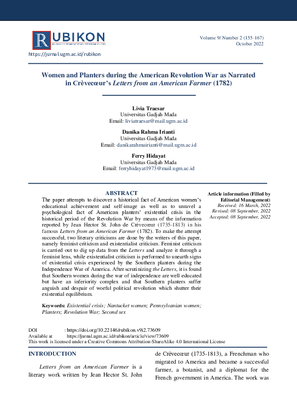 (PDF) Women and Planters during the American Revolution War as Narrated ...