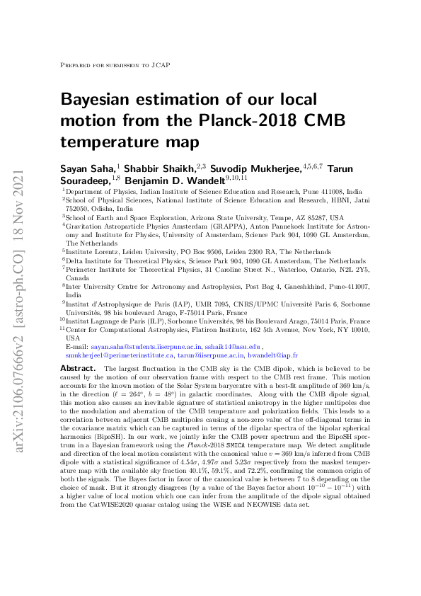 (PDF) Bayesian estimation of our local motion from the Planck-2018 CMB temperature map