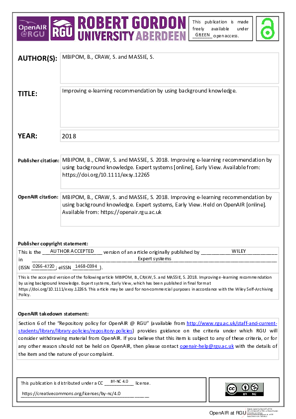 (PDF) Improving e‐learning recommendation by using background knowledge | Stewart Massie ...