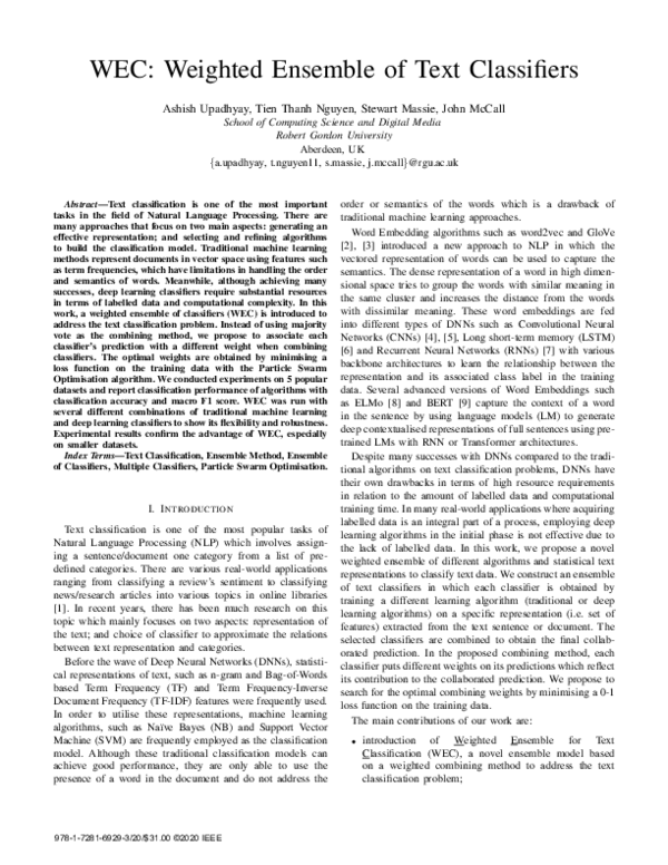 (PDF) WEC: Weighted Ensemble of Text Classifiers (PDF) WEC: Weighted Ensemble of Text Classifiers