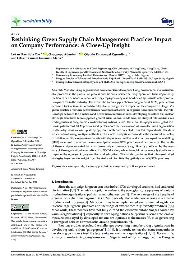 (PDF) Rethinking Green Supply Chain Management Practices Impact on Company Performance: A Close ...