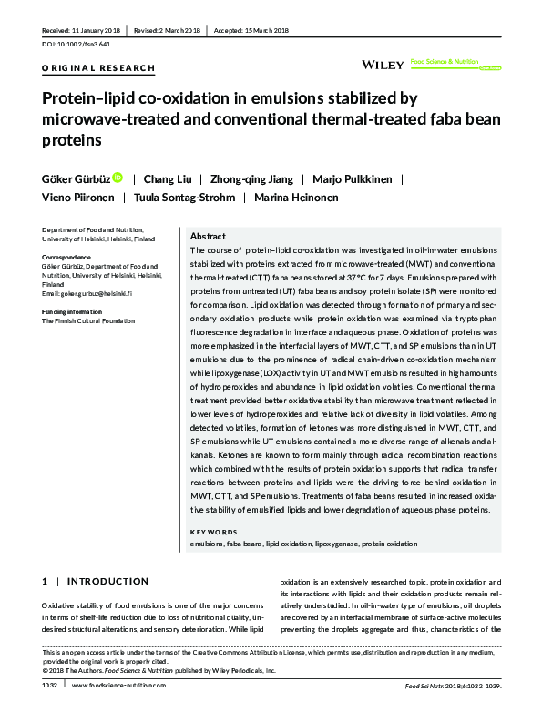 (PDF) Protein-lipid co-oxidation in emulsions stabilized by microwave-treated and conventional ...