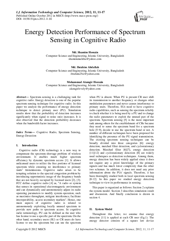 Pdf Energy Detection Performance Of Spectrum Sensing In Cognitive