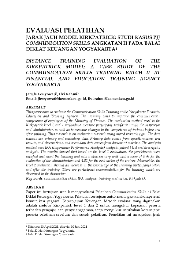 (PDF) Evaluasi Pelatihan Jarak Jauh Model Kirkpatrick: Studi Kasus PJJ ...