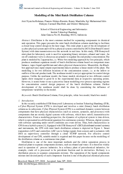 (PDF) Modelling of the Mini Batch Distillation Column