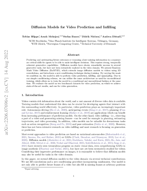 (PDF) Diffusion Models for Video Prediction and Infilling