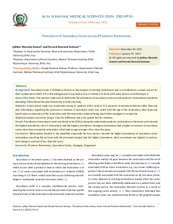Pdf Prevalence Of Secondary Caries Around Posterior Restoration